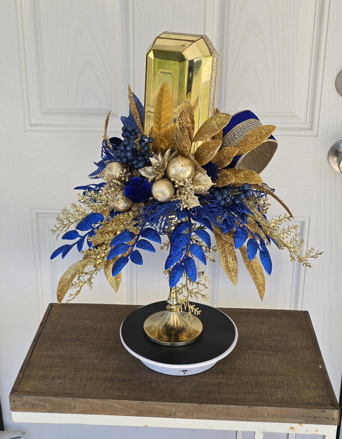 Blue & Gold Crystal Candlestick Centerpiece: Velvet Poinsettia ...