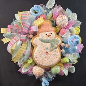 Whimsical Snowman Gingerbread Wreath for Your Front Door With Pastel ...