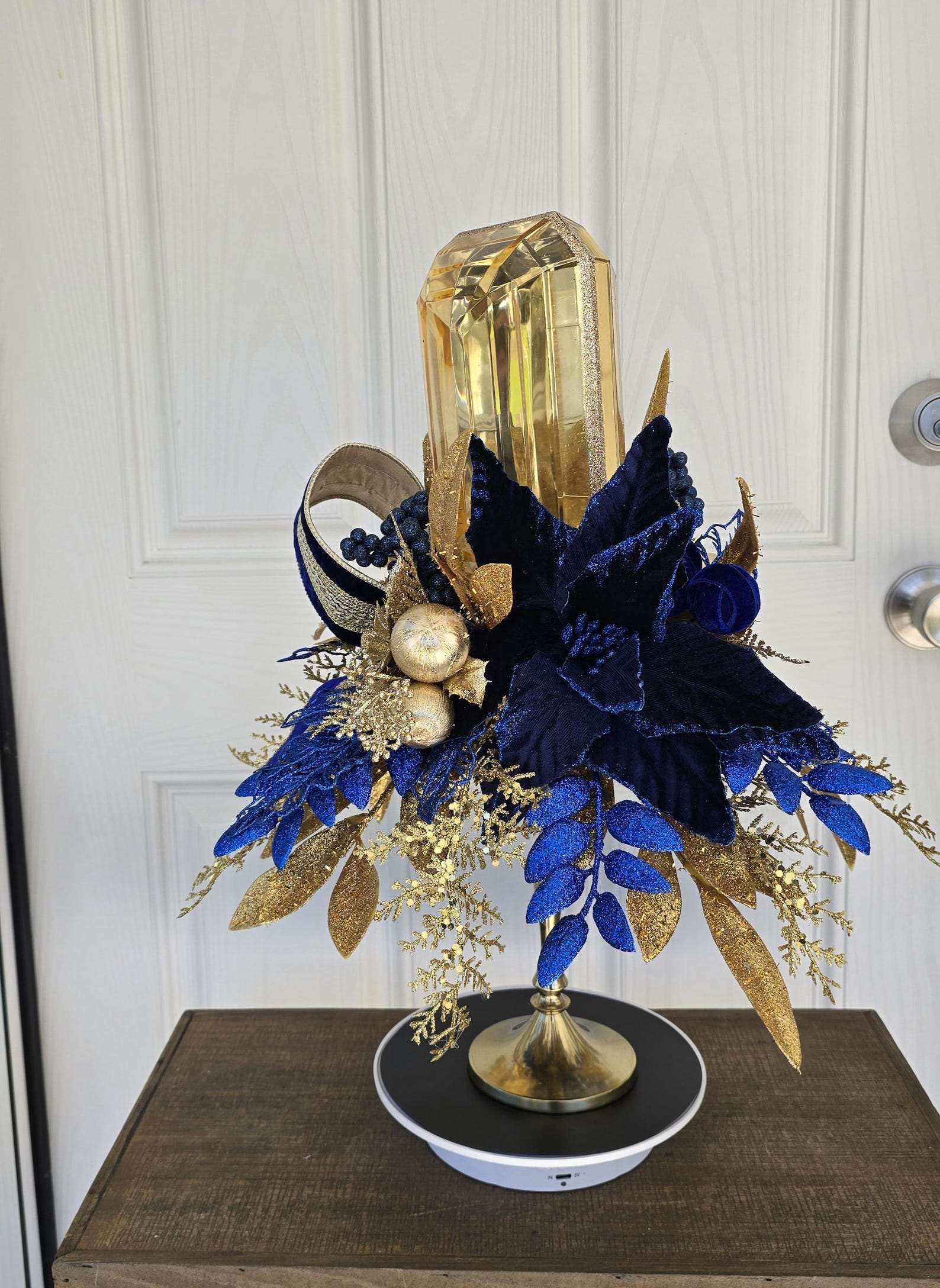 Blue & Gold Crystal Candlestick Centerpiece: Velvet Poinsettia ...