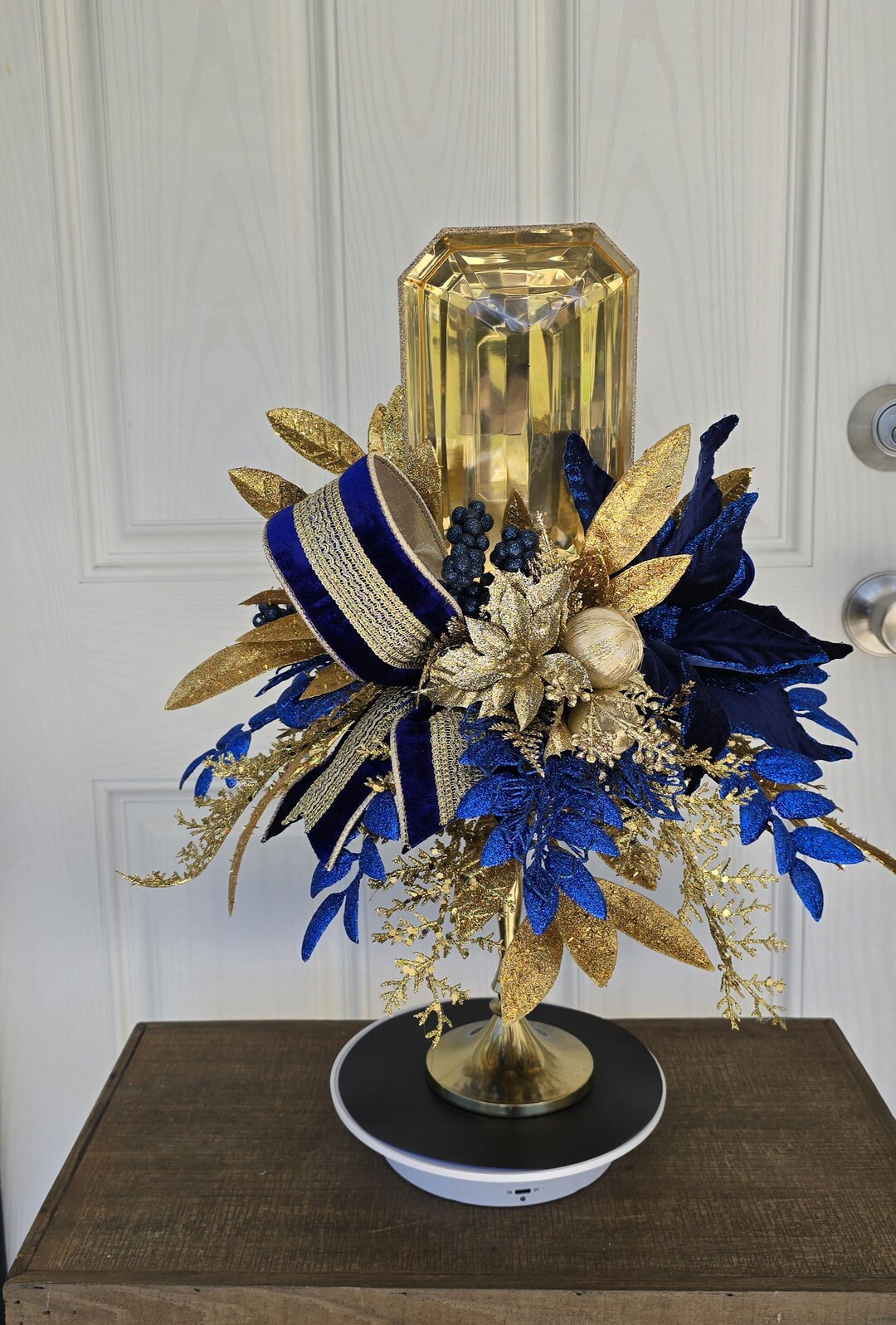 Blue & Gold Crystal Candlestick Centerpiece: Velvet Poinsettia ...