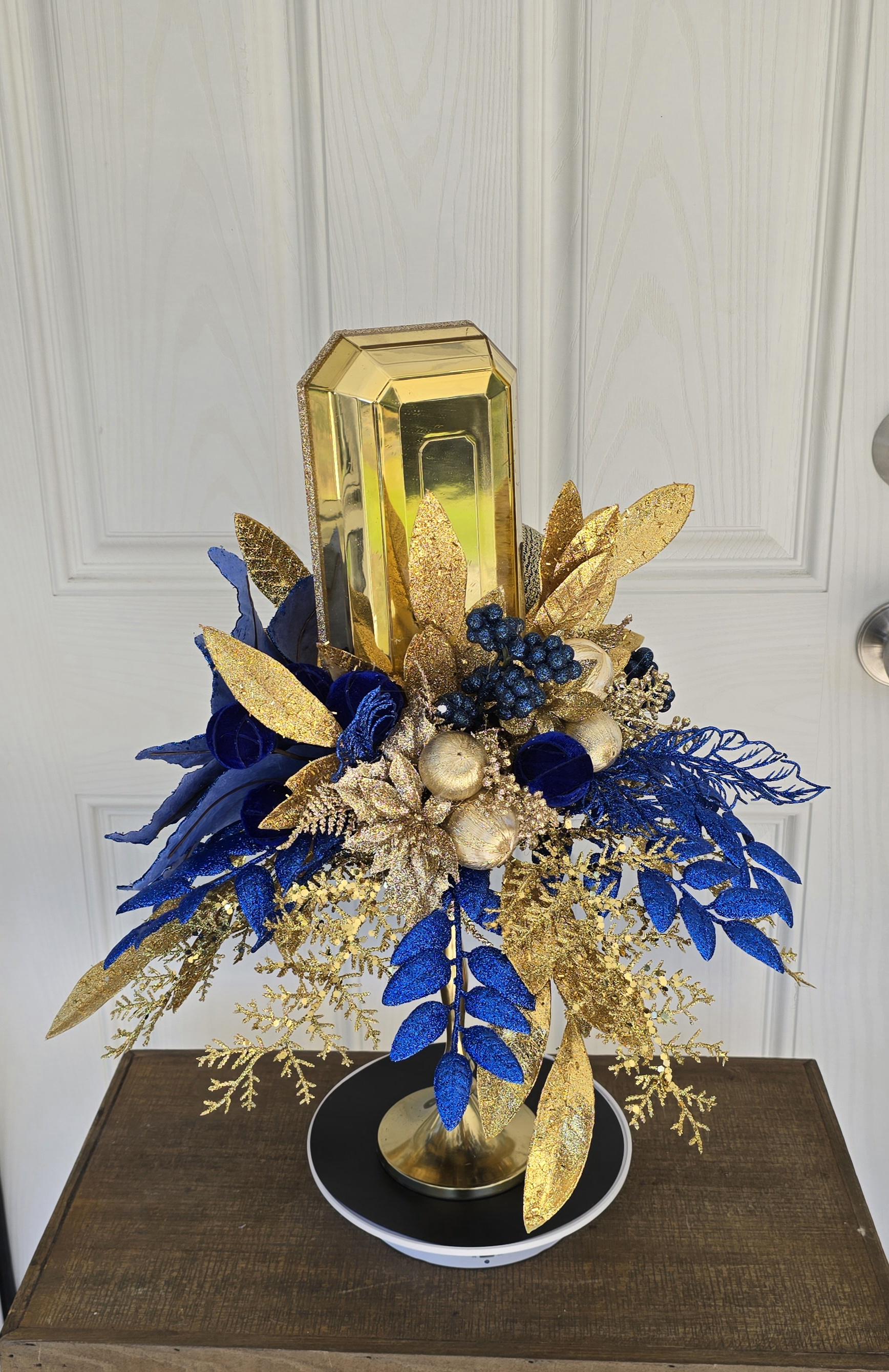 Blue & Gold Crystal Candlestick Centerpiece: Velvet Poinsettia ...