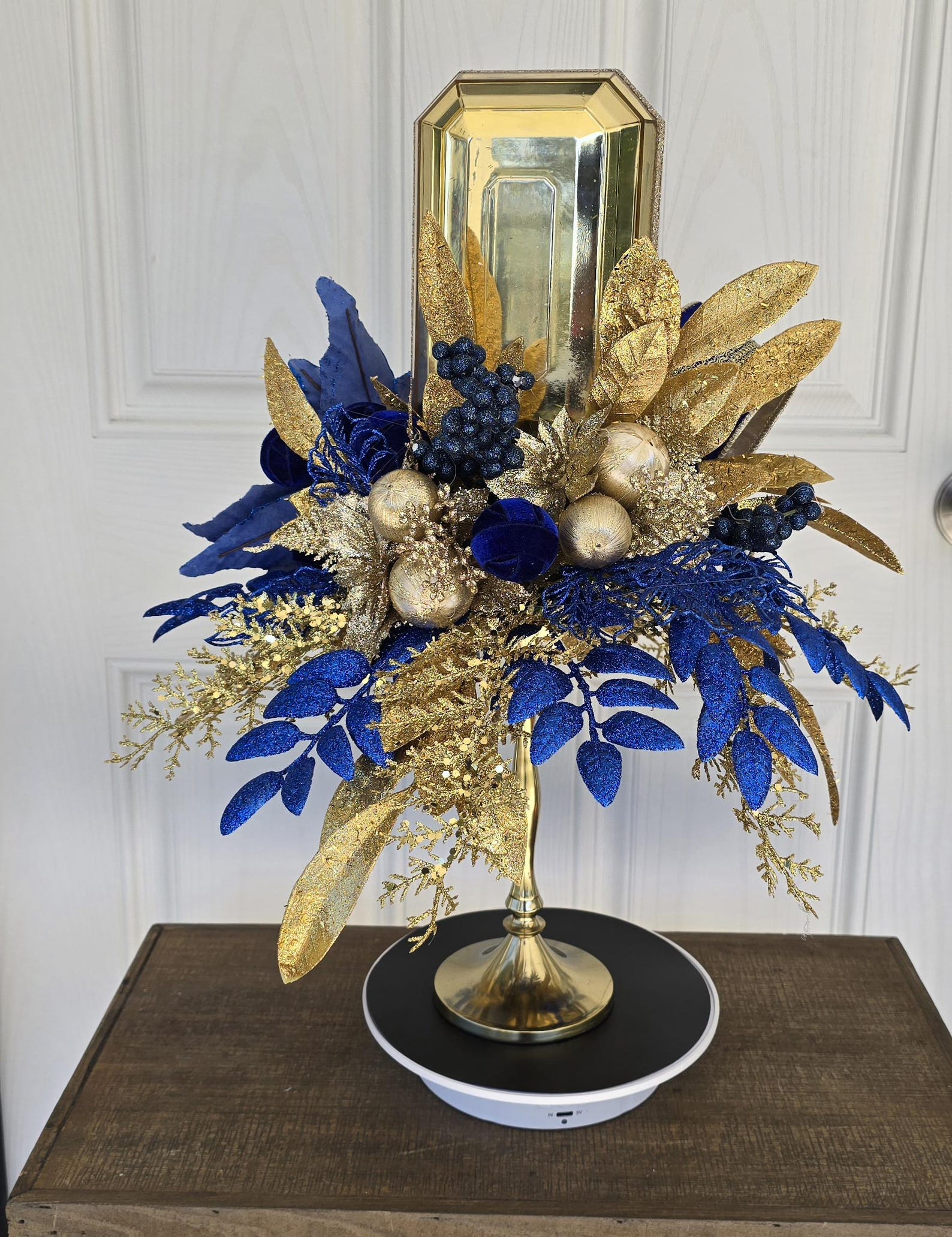 Blue & Gold Crystal Candlestick Centerpiece: Velvet Poinsettia ...