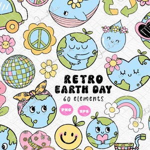 Groovy Earth Day Clipart PNG Set: Retro 70s Eco Environment Day ...