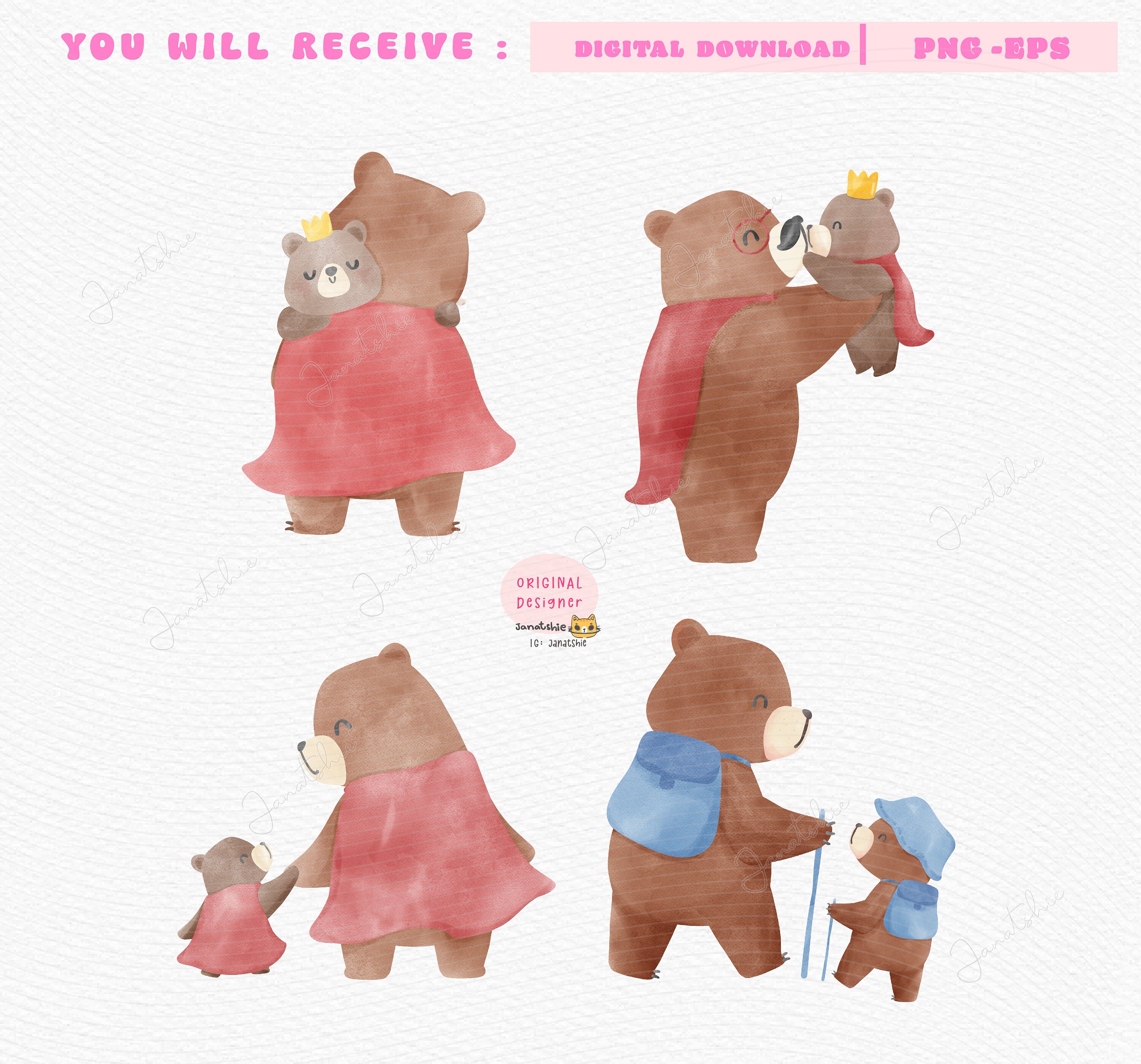 Fathers Day Bear Daddy Bear and Baby Watercolor PNG Clipart Set Papa ...