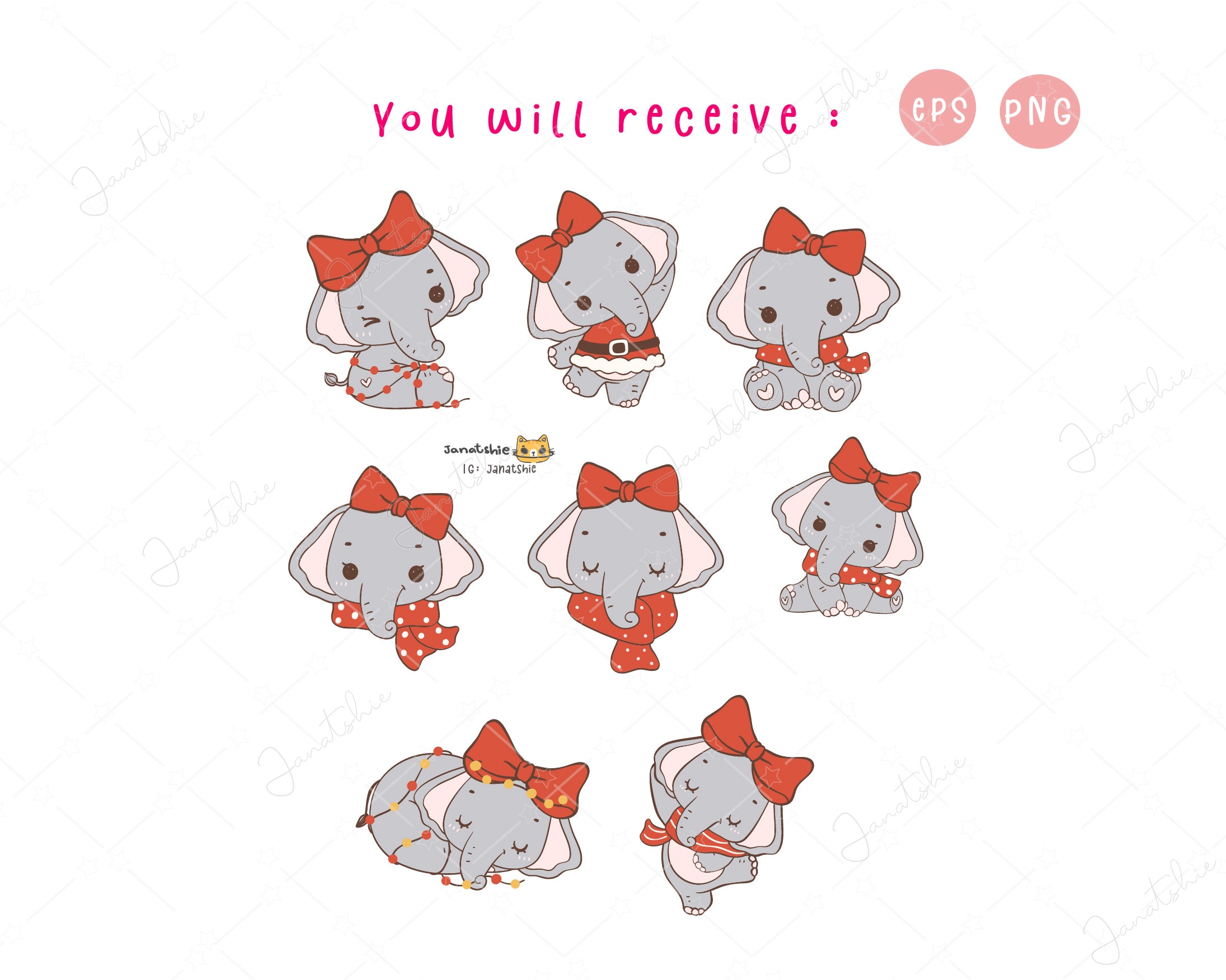 Elephant Christmas Png Clipart Baby Elephant With Bow Kawaii - Etsy