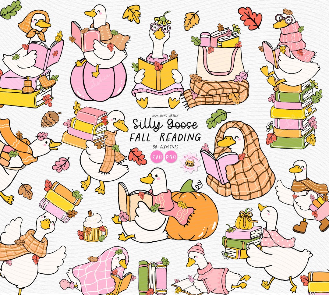 Fall Silly Goose Reading Clipart Set: Cozy Autumn Bookish, Book Lover ...