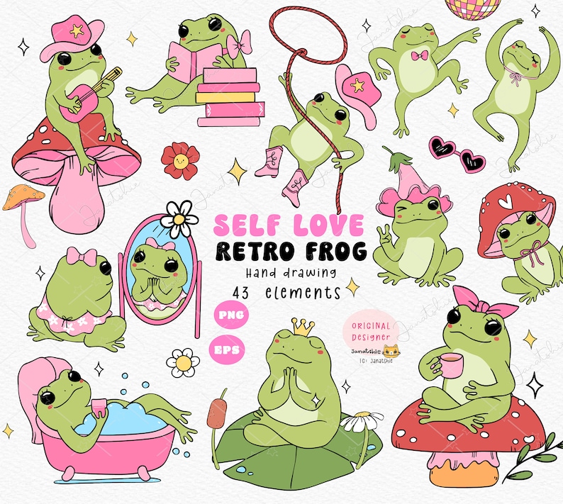 Retro Frog Png Self Care Frog Png Clipart Set Funky Groovy Frog ...