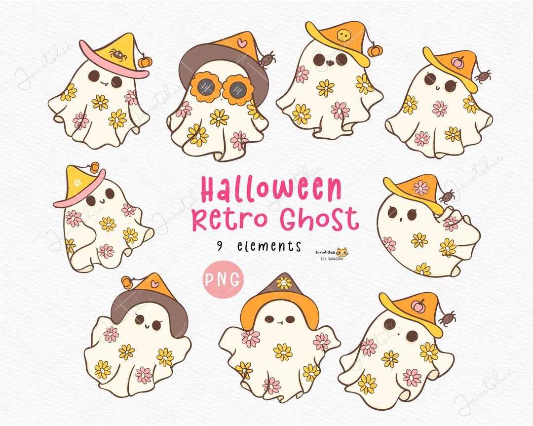 Groovy Halloween Retro Ghost Png Kawaii Clip Art Hand Drawings Cartoon ...