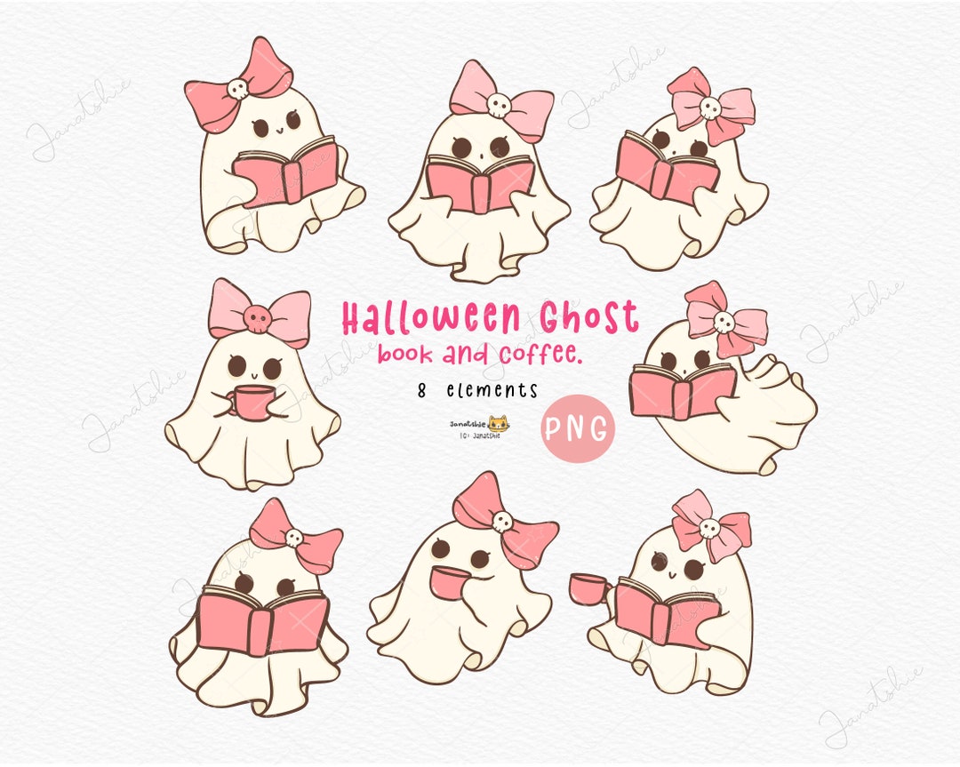 Ghost Girl Reading Book Pink Coquette Halloween Ghostie With Coffee ...
