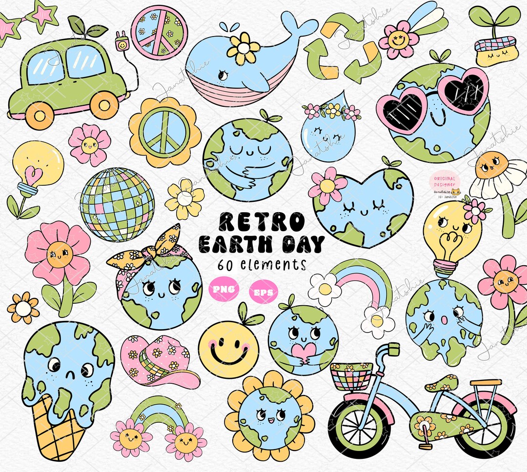 Groovy Earth Day Clipart PNG Set: Retro 70s Eco Environment Day ...