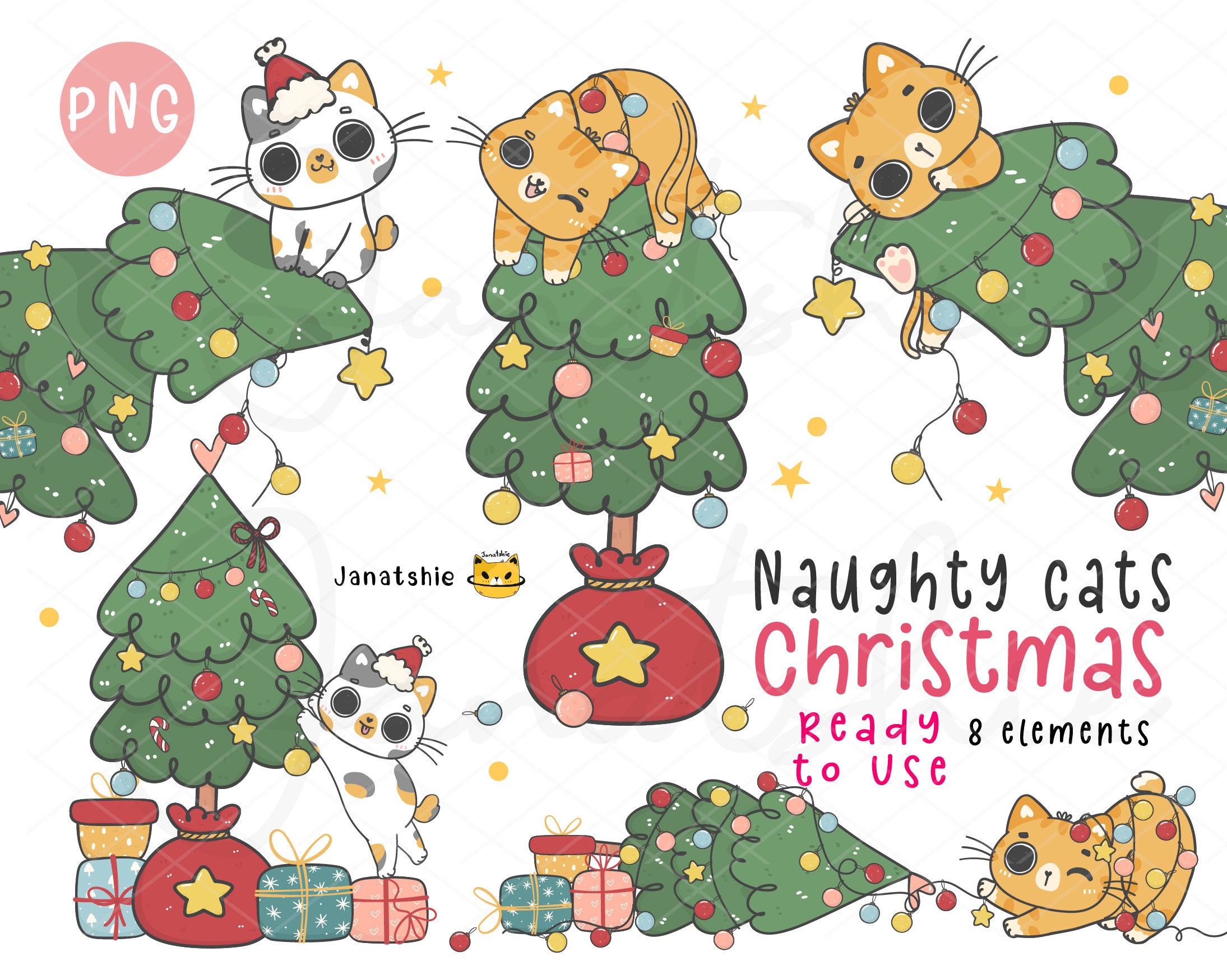 Cute Christmas Cat Clipart Set Kitten Clipart Png Holiday - Etsy