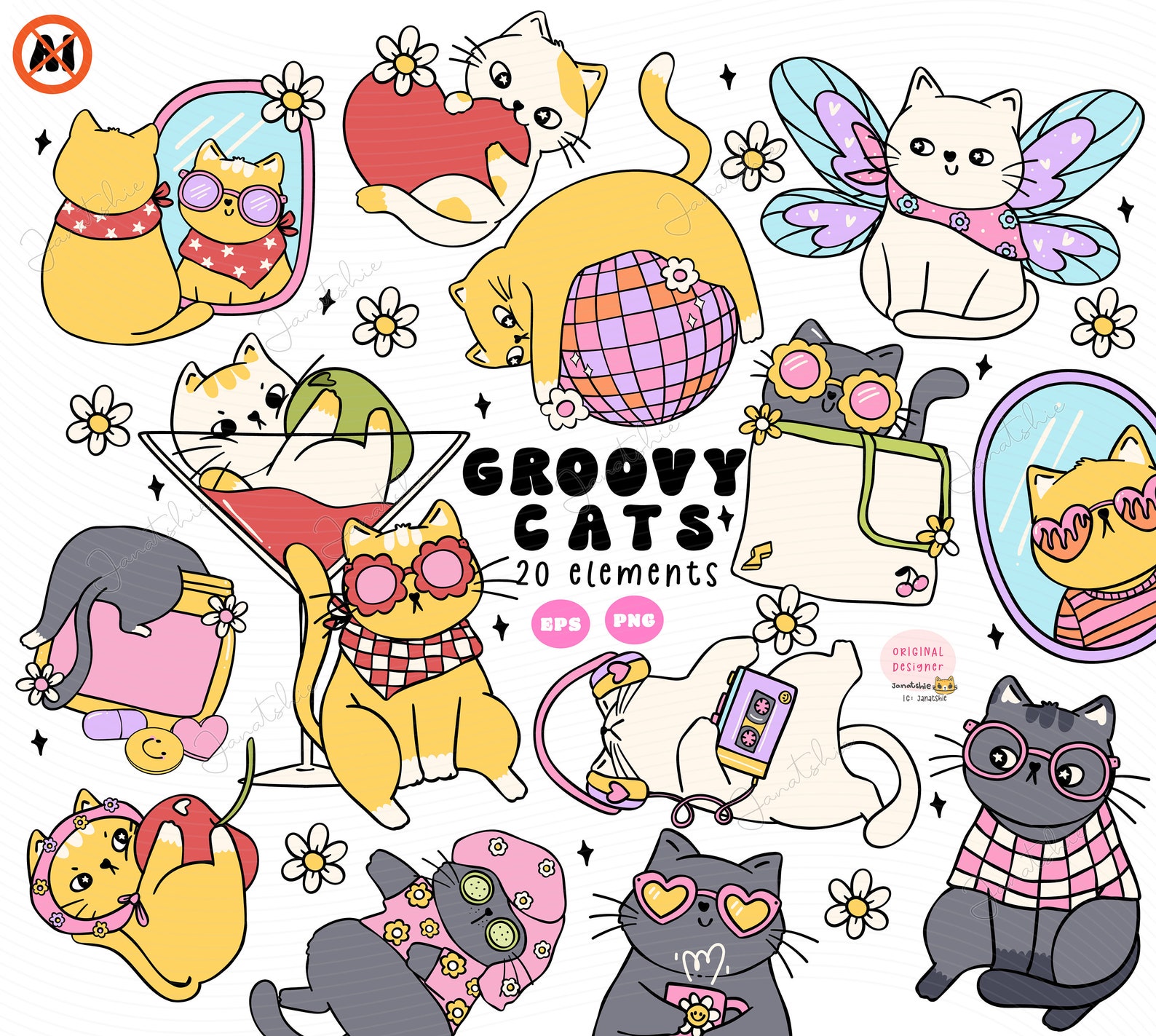 Groovy Retro Cat Clipart: 70s Funky PNG Designs - Etsy