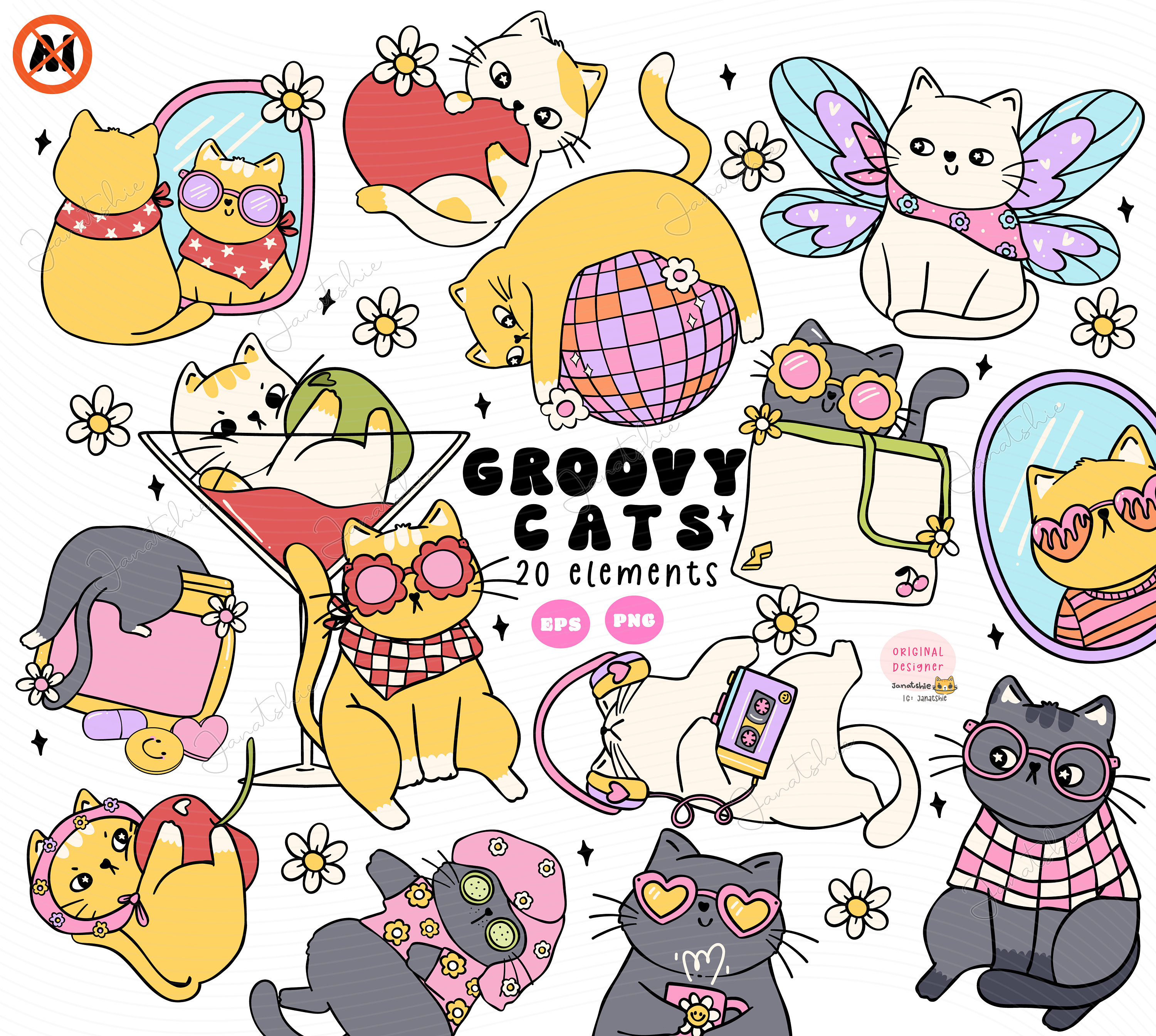 Groovy Retro Cat Clipart: 70s Funky PNG Designs - Etsy