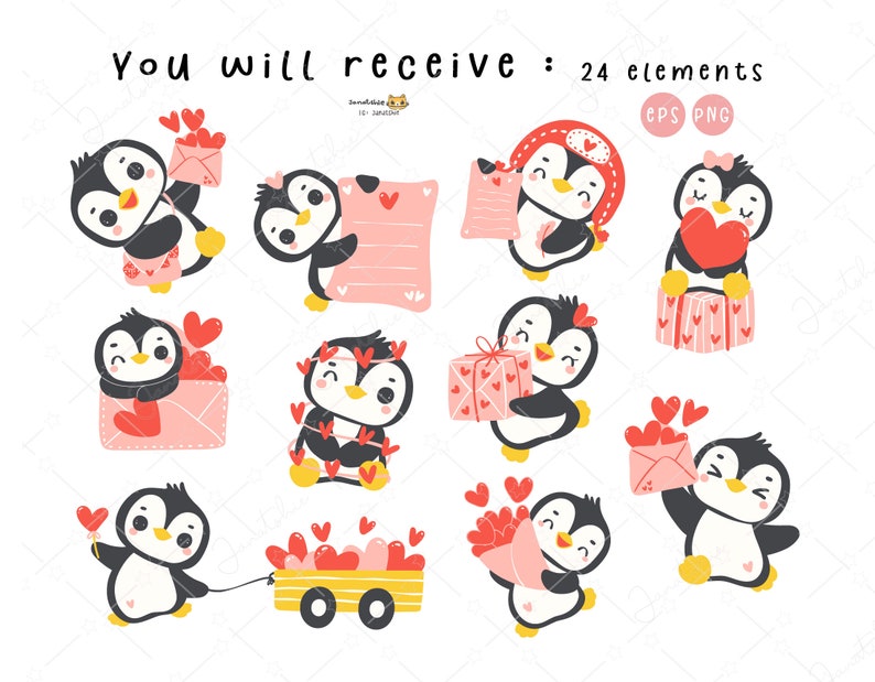 Valentine Penguin Clipart Set, Hand-drawn Love PNG EPS - Etsy