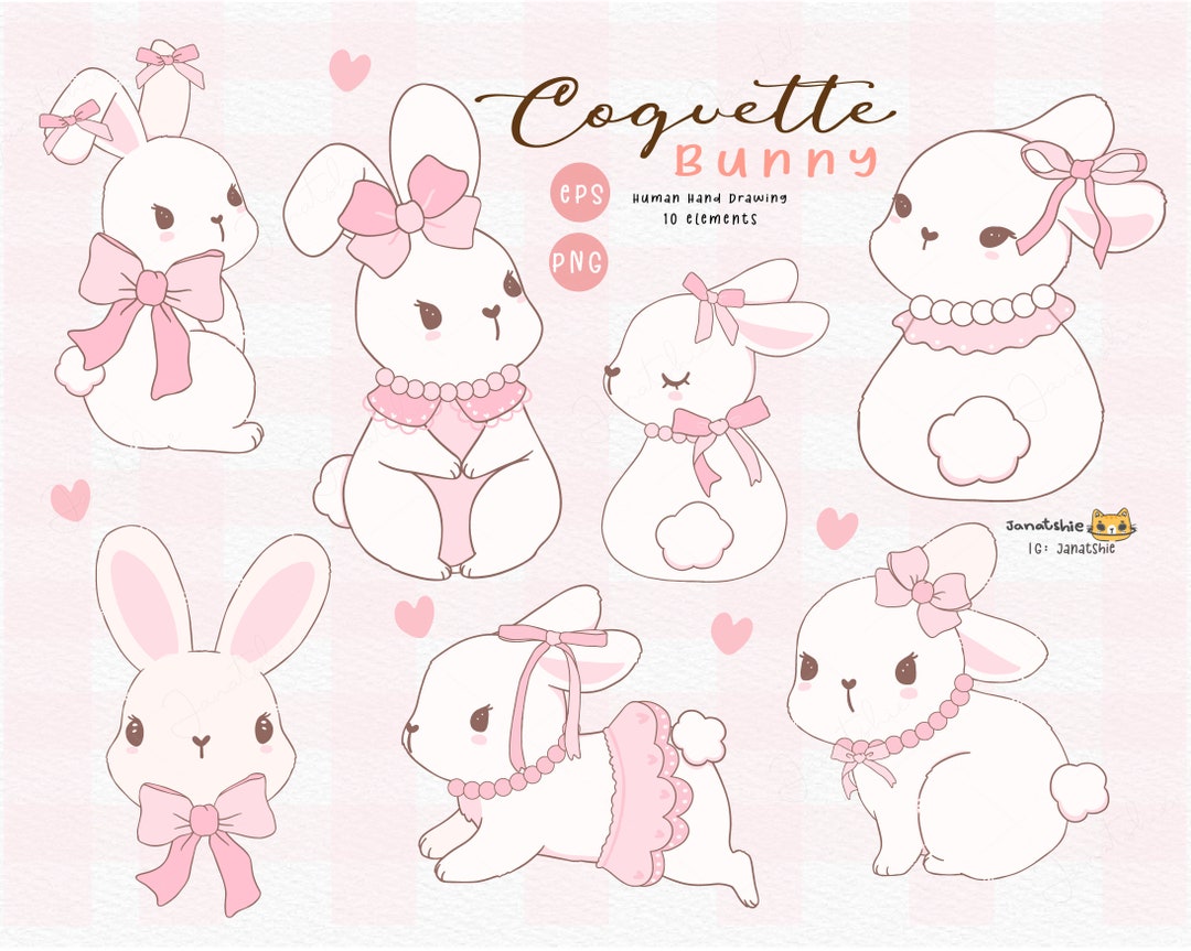 Coquette Bunny Clipart Set, French White Rabbit With Pink Ribbon Bow ...