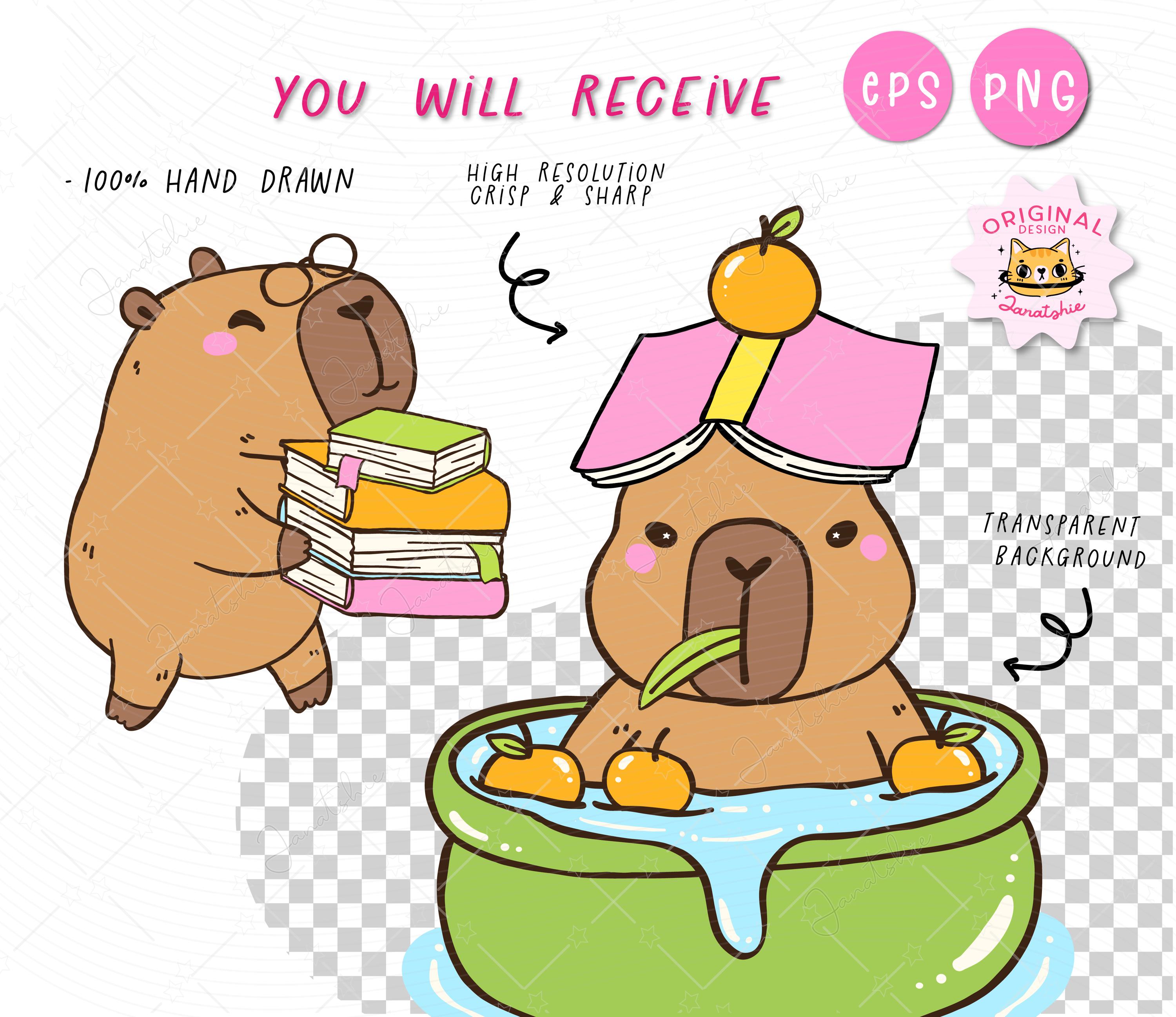 Capybara Reading Clipart Set: Hand-drawn Bookish Animal Doodles (PNG ...