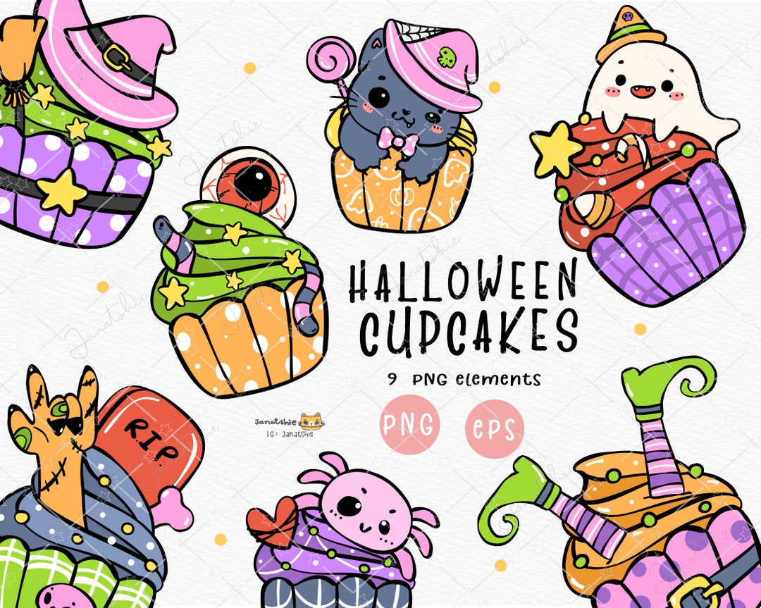 Halloween Cupcake Clipart: Spooky Cartoon Doodles (PNG, EPS) - Etsy