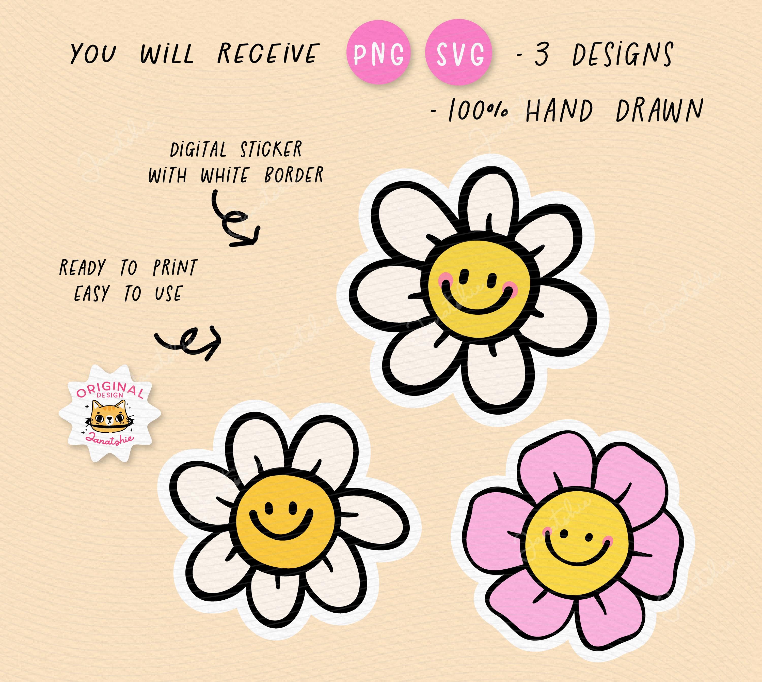 Retro Smiley Flowers SVG PNG | Hand-drawn Digital Sticker Printable - Etsy