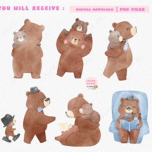 Fathers Day Bear Daddy Bear and Baby Watercolor PNG Clipart Set Papa ...