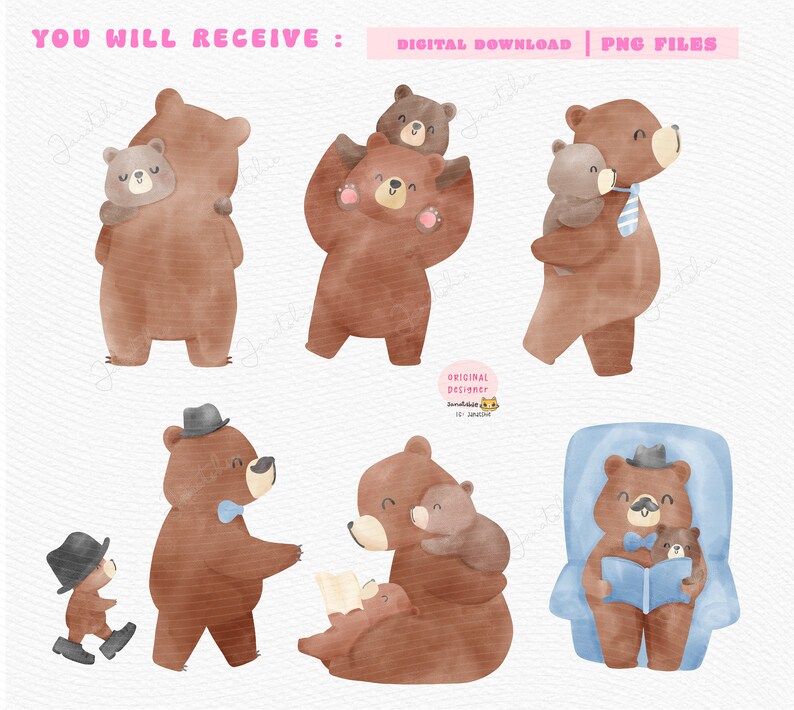 Fathers Day Bear Daddy Bear and Baby Watercolor PNG Clipart Set Papa ...