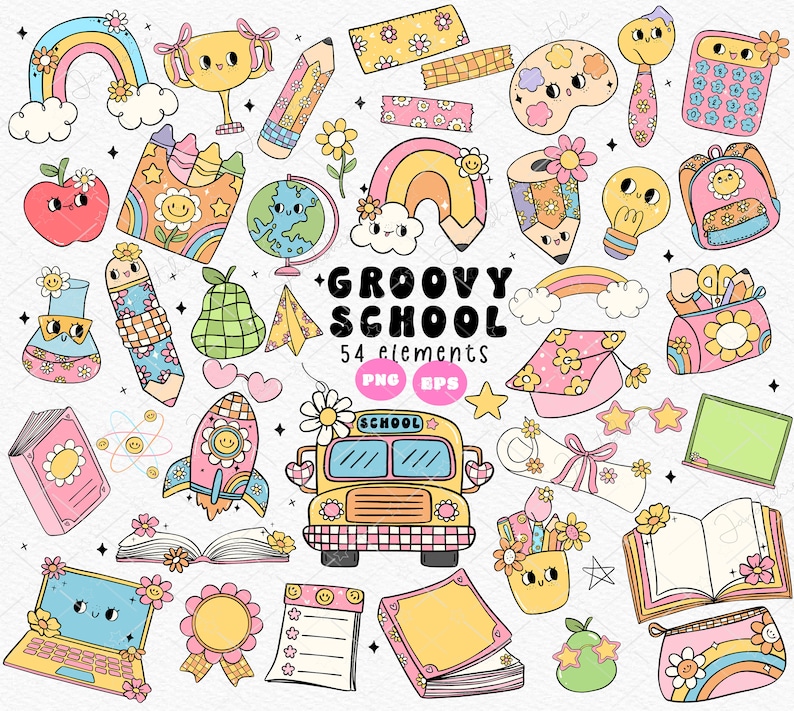 Retro School Clipart: Groovy Teacher PNG, Flower Power Bus (digital ...