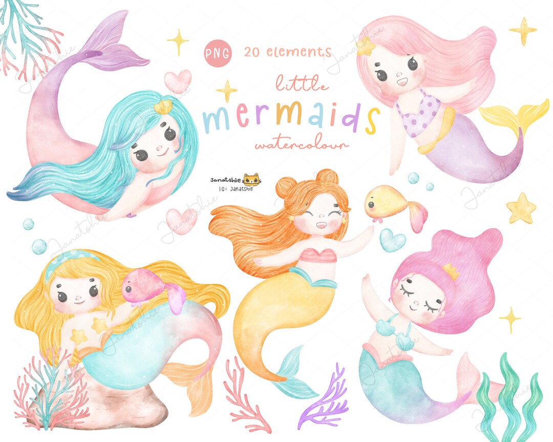 Pastel Mermaid Png Clipart Watercolor Set, Little Mermaid Birthday Png ...
