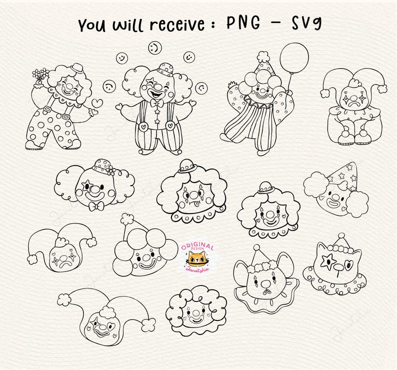 Clowncore Umriss SVG, Süßer Clown PNG Clipart, Fasching Clipart, Zirkus ...