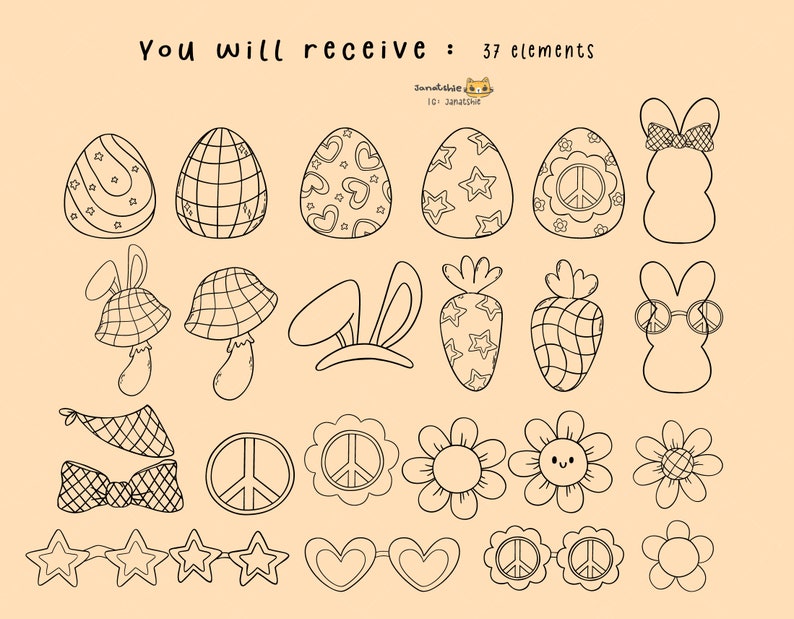 Groovy Easter SVG Clipart Set, Retro Bunny Chick Doodle (digital ...