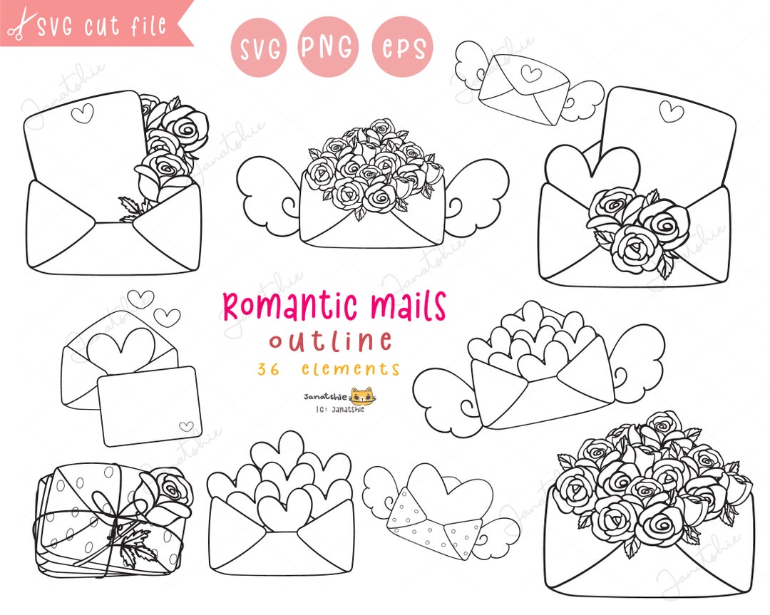 Cute Valentine Love Mail Outline Clipart Romantic Envelope Doodle Png ...