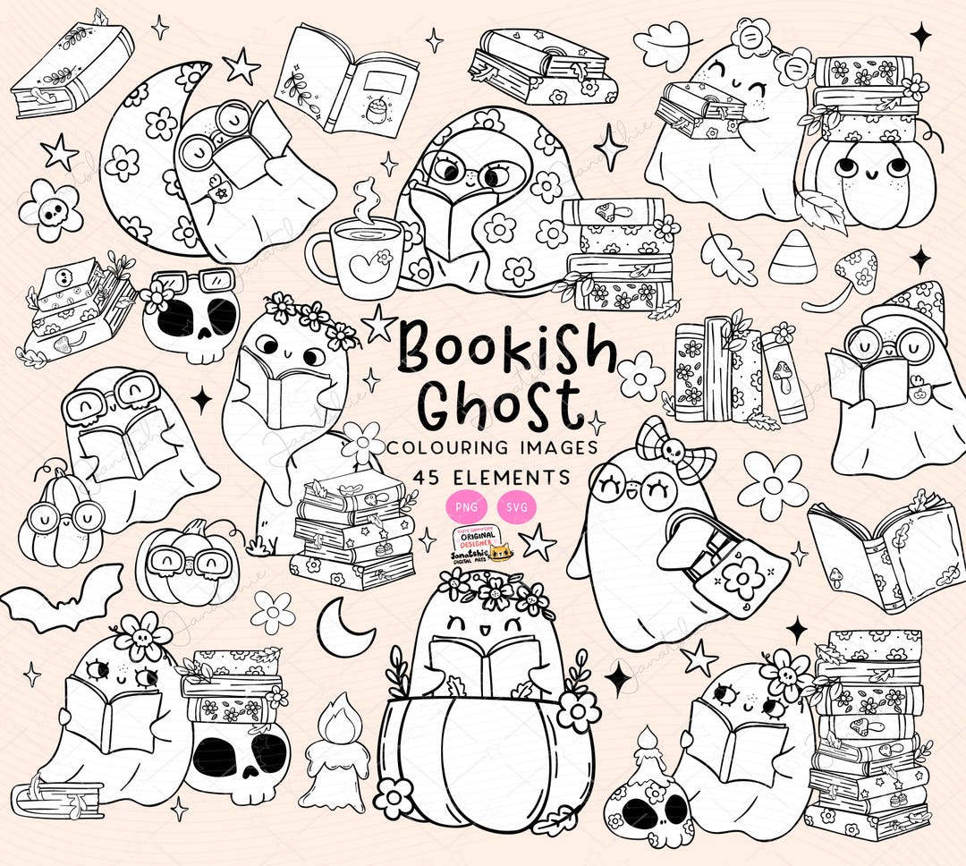 Ghost Reading Book Clipart: Halloween Digital Stamp, Coloring Pages ...