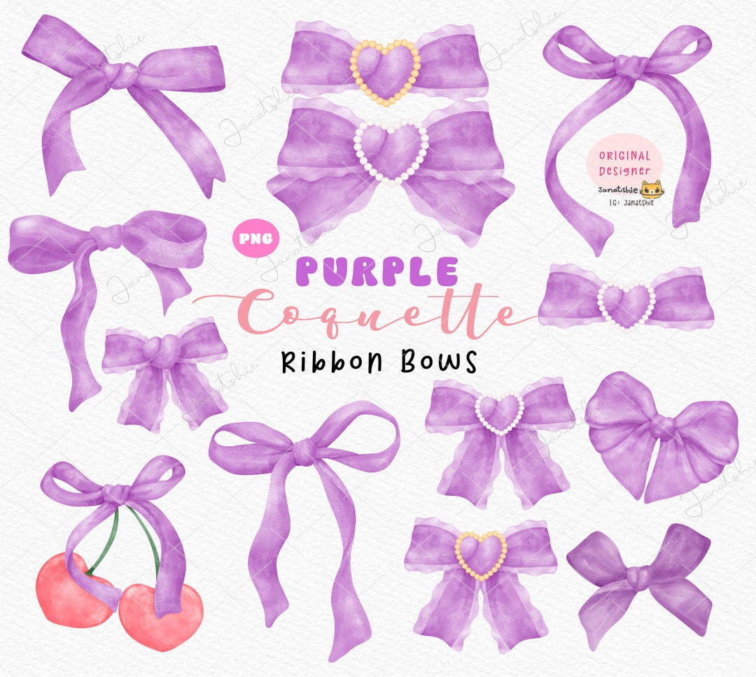 Purple Coquette Bow Clipart Set | Watercolor Ribbon & Cherry Heart Bow ...