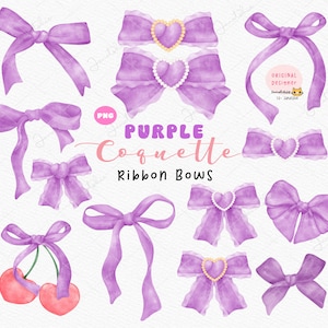 Purple Coquette Bow, Purple Bow Ribbon PNG Clipart Set - Elegant and ...