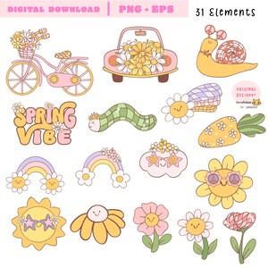 Retro Spring Png Groovy Flower Power Clipart Disco Bunny Easter Hippie ...