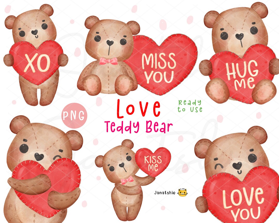 Watercolor Valentine Teddy Bear Clipart: Heart PNG Set (digital ...