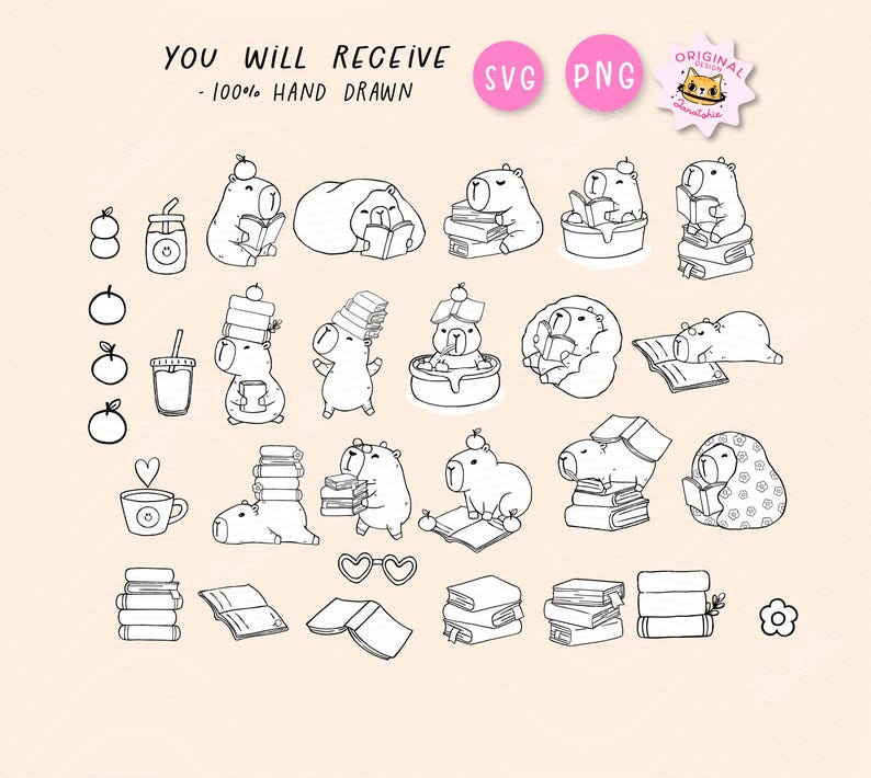 Capybara Reading Outline SVG PNG Clipart Set: Cozy Bookish Hand Drawn ...