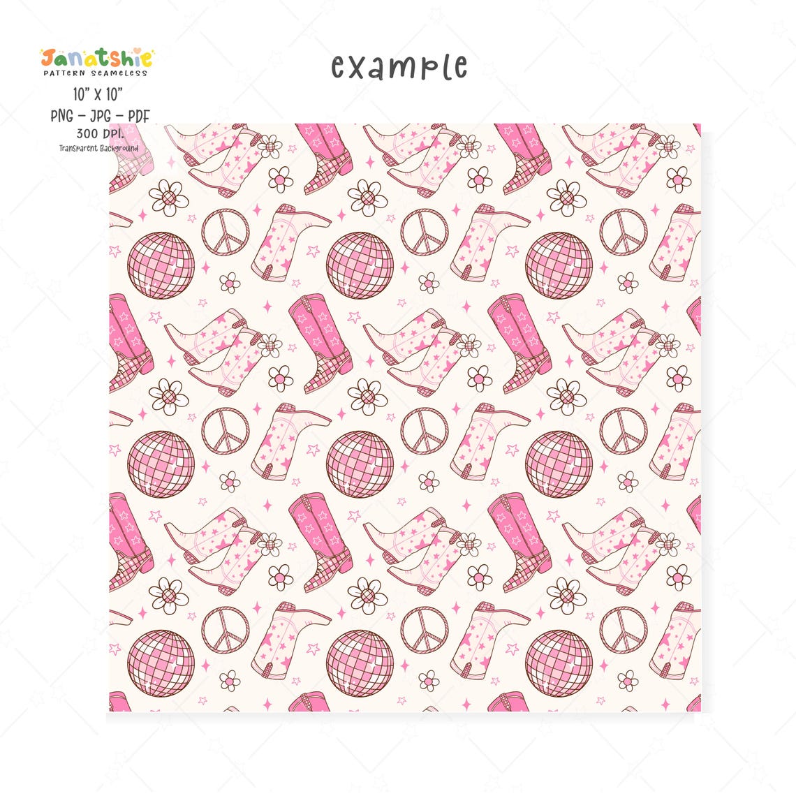 Groovy Disco Cowgirl Seamless Pattern: Western Digital Paper (PNG, JPG ...