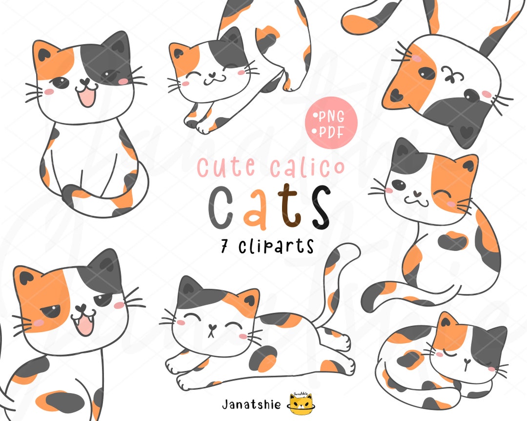 Cute Happy Calico Kitty Cat Clipart Png Set Kawaii Tri Colour Etsy