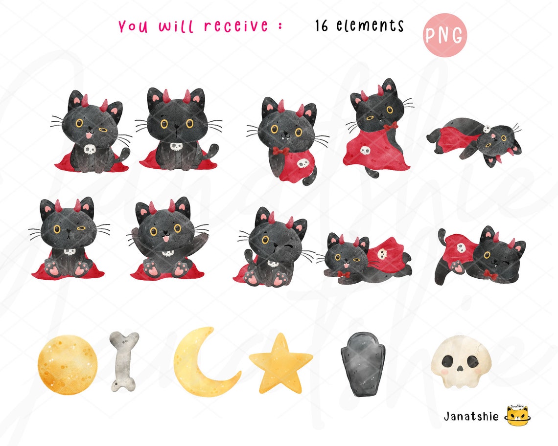 Halloween PNG Cute Vampire Cat Watercolor Black Cat and - Etsy