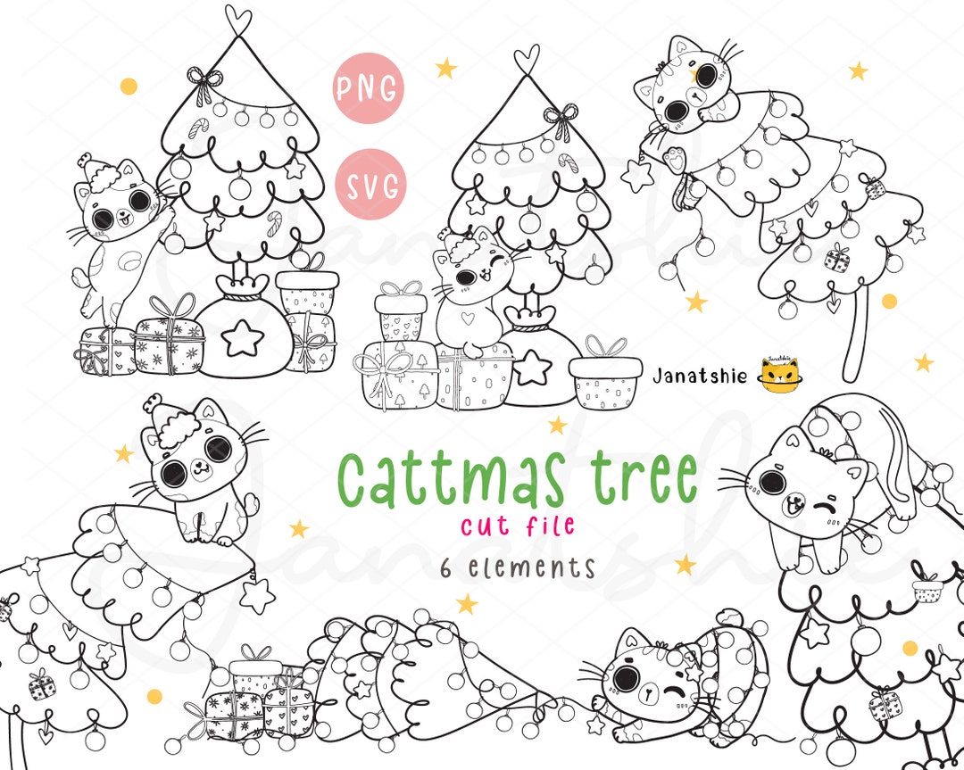 Christmas Cat Line Art SVG Cut File Set , Christmas Kitten Outline Clip ...