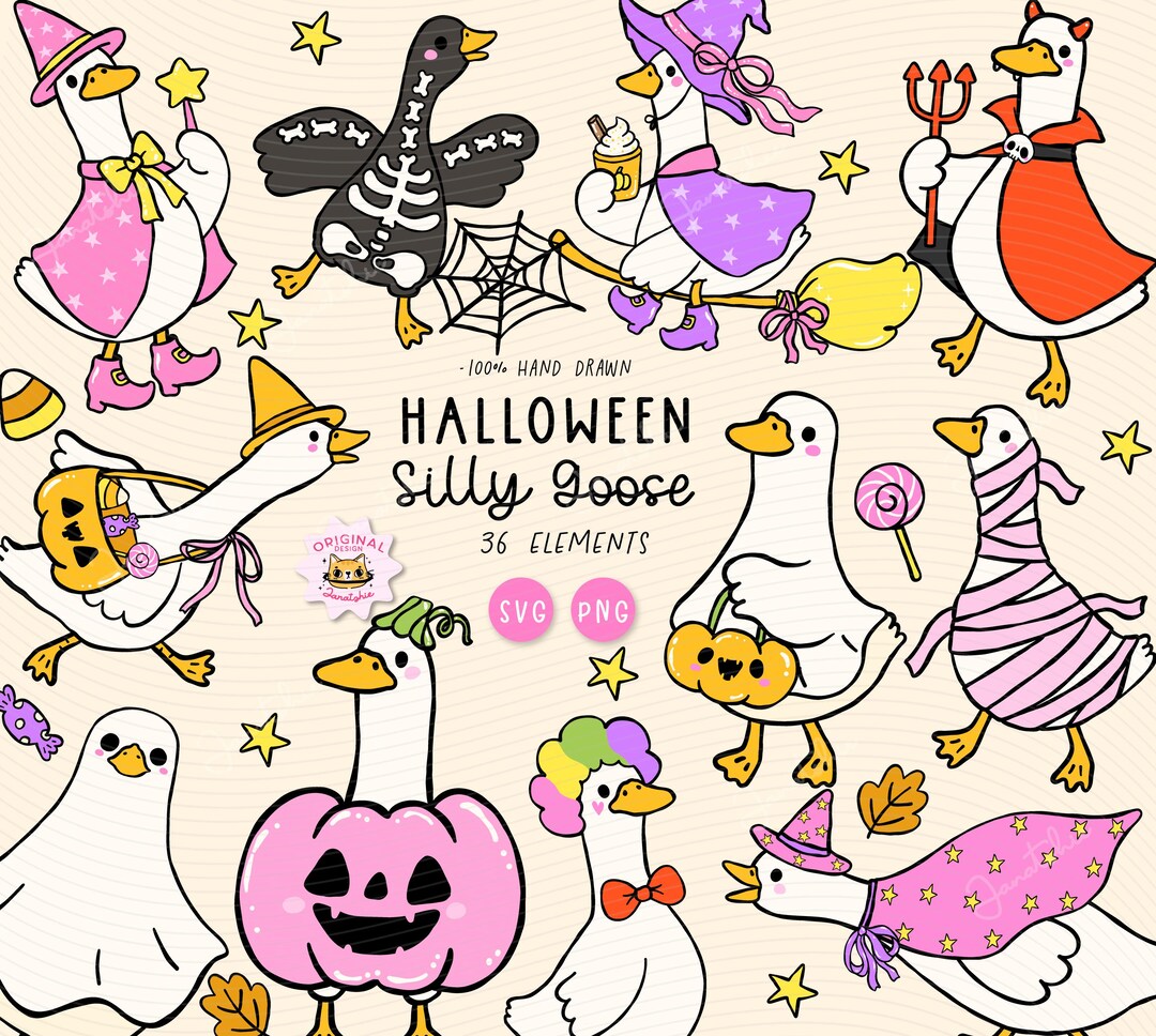 Halloween Goose Clipart Set: Spooky Silly Goose Cartoon Hand Drawn (SVG ...