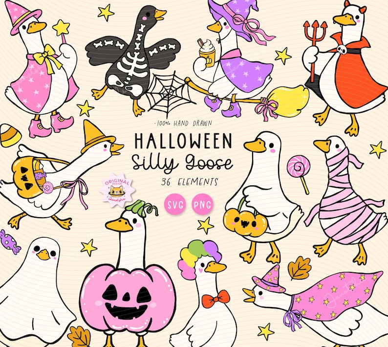 Halloween Goose Clipart Set: Spooky Silly Goose Cartoon Hand Drawn (SVG ...