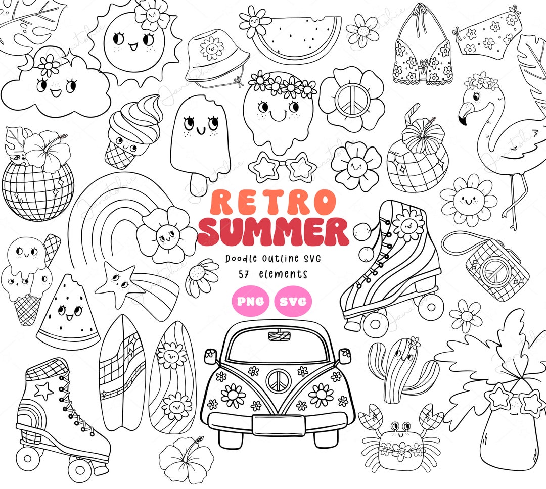 Retro Groovy Summer Svg Outline Doodle - Hippie Positive Vibe Beach ...