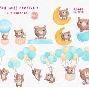 Teddy Bear Baby Shower Clipart, Bear With Balloons, Watercolor PNG ...