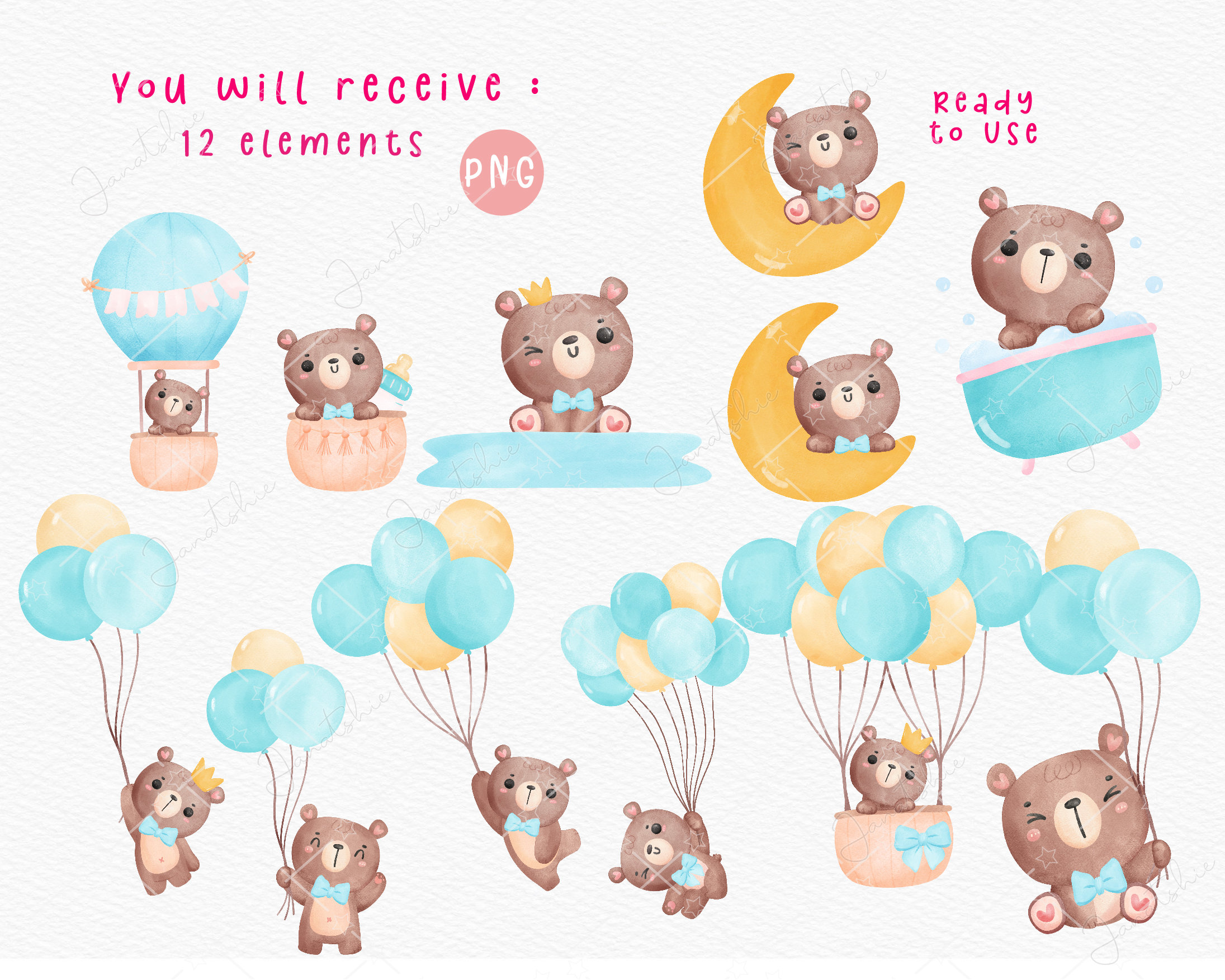Teddy Bear Baby Shower Clipart Bear With Balloons Watercolor - Etsy