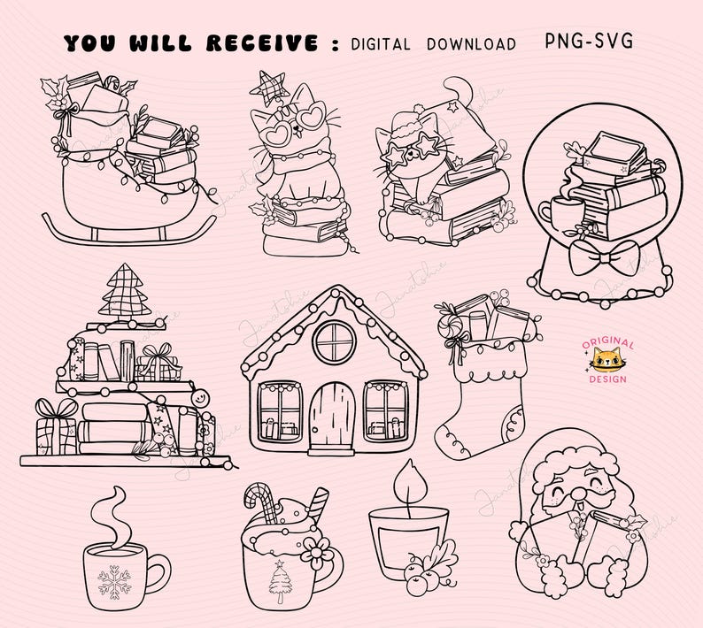 Retro Christmas Bookish Doodle SVG: Santa Reading, Cozy Season Clipart ...