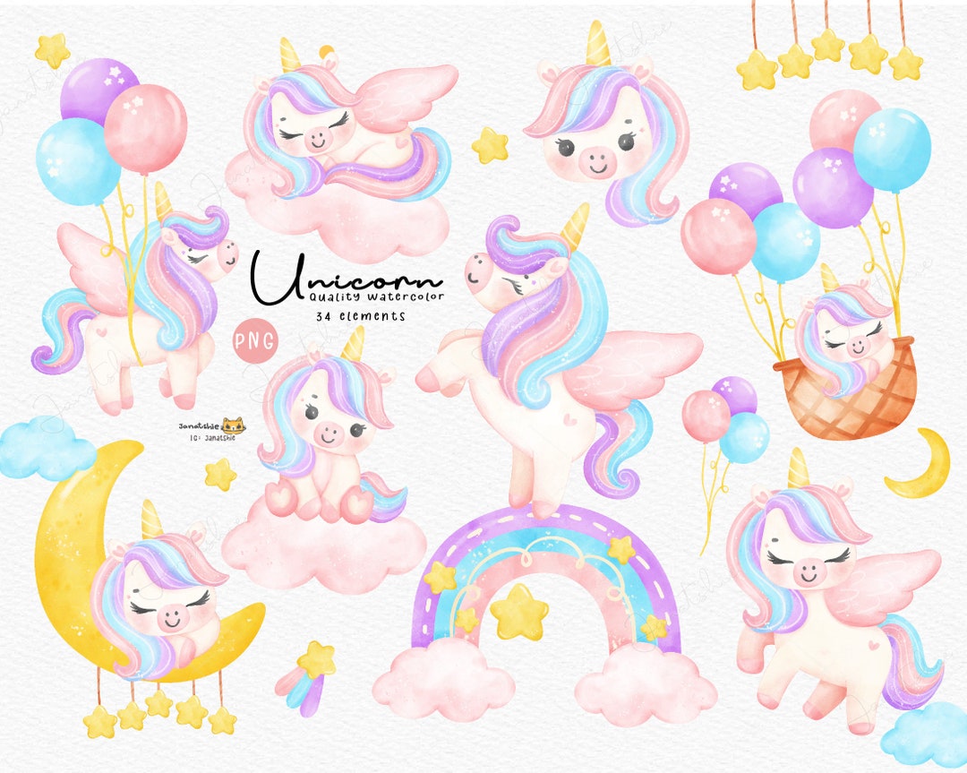 Pastel Unicorn Watercolor Clipart: Rainbow Birthday PNG (digital ...