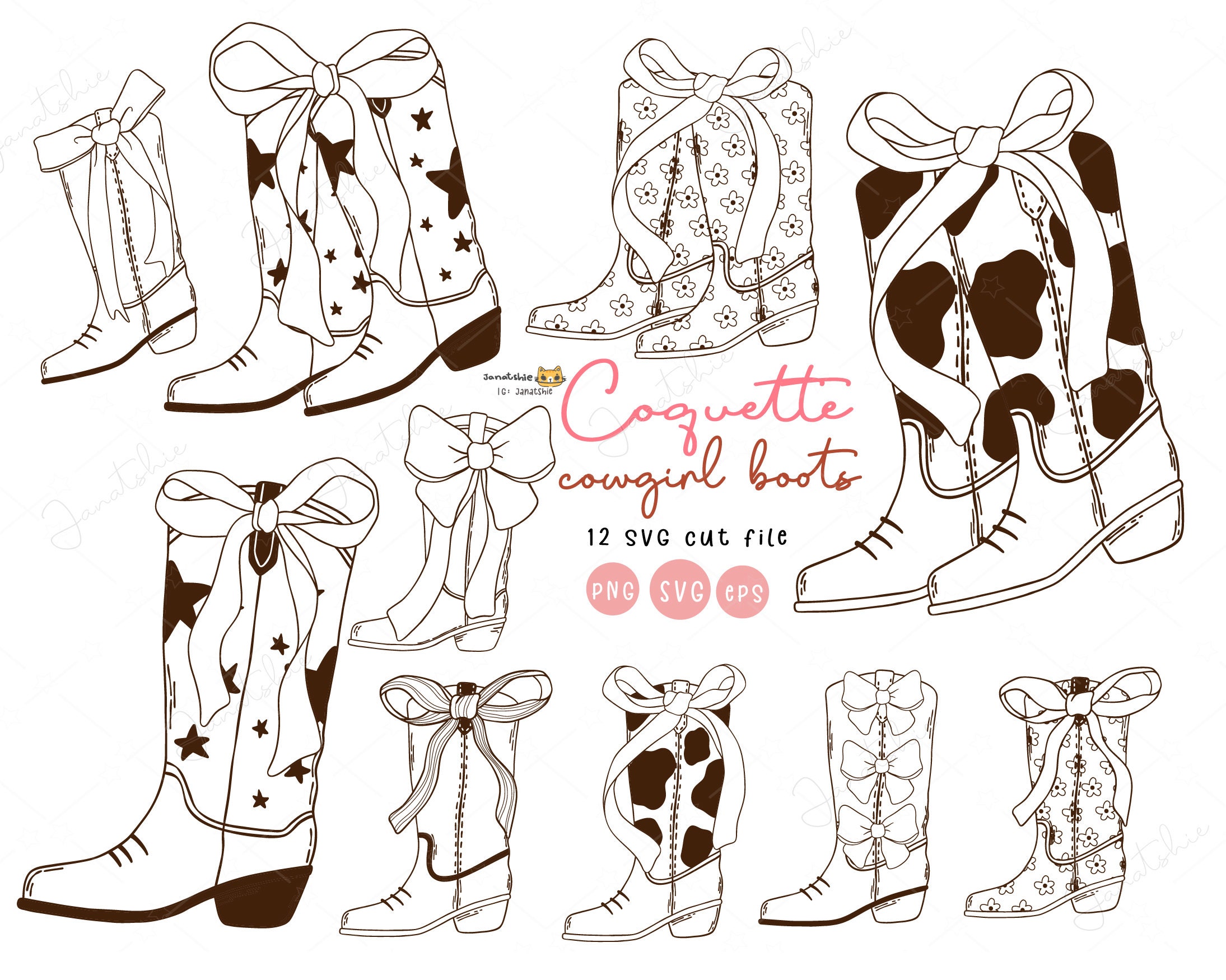 Coquette Cowgirl Boots Outline Svg, Png, Eps Clipart Set, Cowgirl Svg ...
