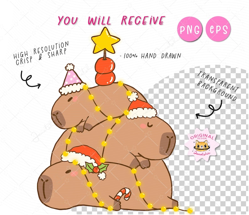 Christmas Capybara Clipart PNG EPS, Kawaii Holiday Animal, Sublimation ...