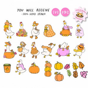 Fall Silly Goose Clipart Set | Hand-drawn Cozy Autumn Doodles (SVG, PNG ...