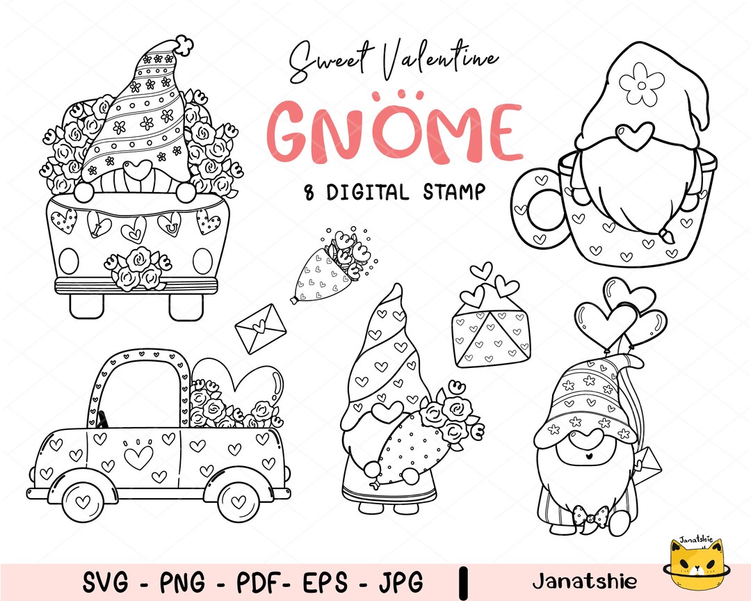 Valentine Gnome Clipart, Digital Stamp Gnome Outline Clip Art, Gnome ...